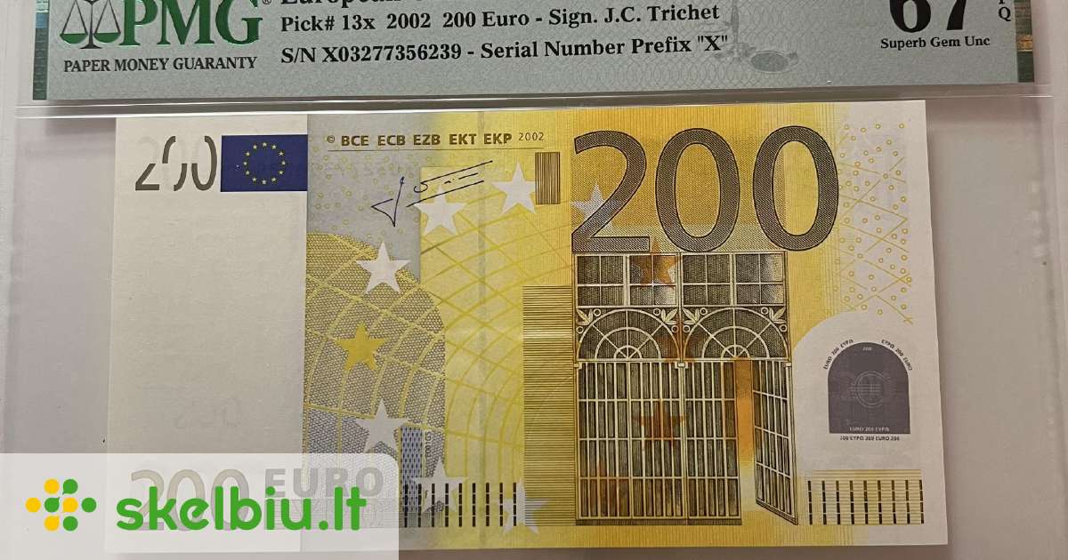 200€ banknotas pirmos laidos 2002 pmg67 - Skelbiu.lt