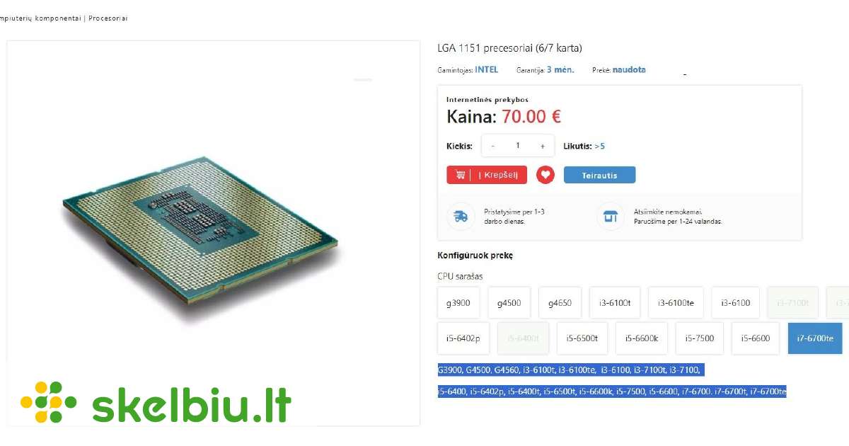 1151 procesorius i7-6700te - 70€ su PVM - Skelbiu.lt