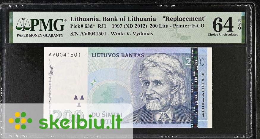200 Litu 1997 AV Replacement. Pmg-64 - Skelbiu.lt