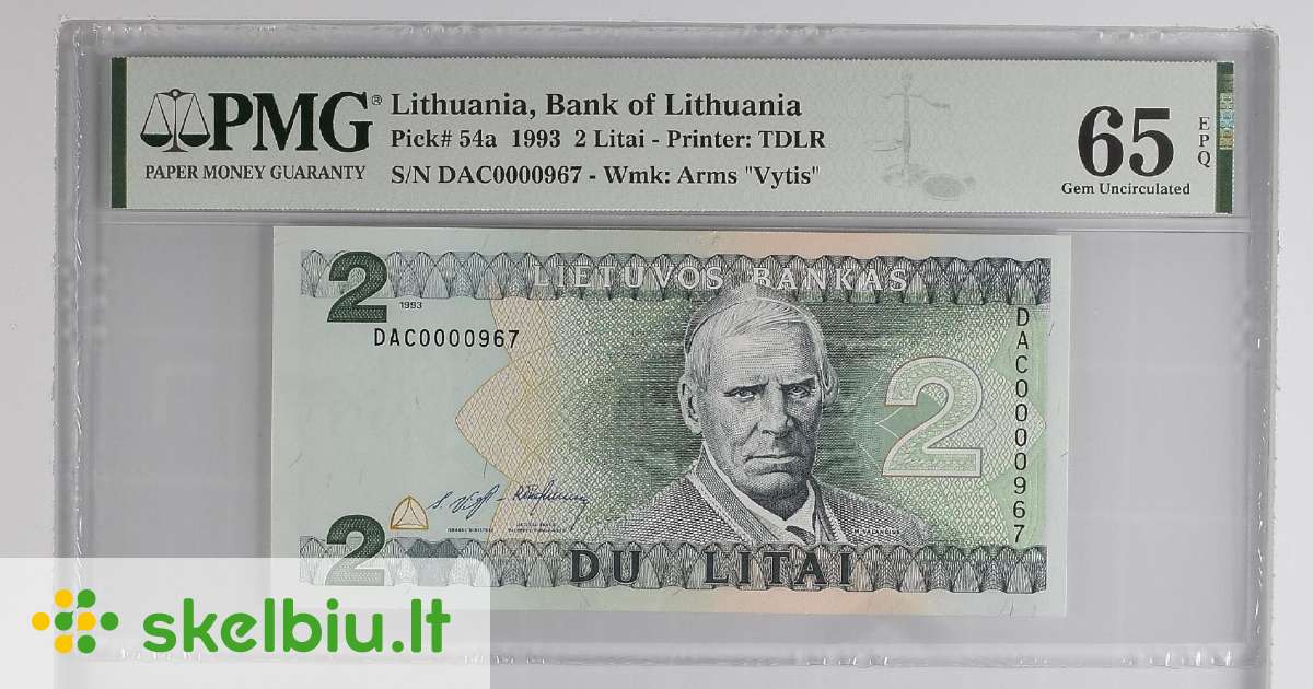 1993 2 litai Žemas numeris Pmg65 - Skelbiu.lt
