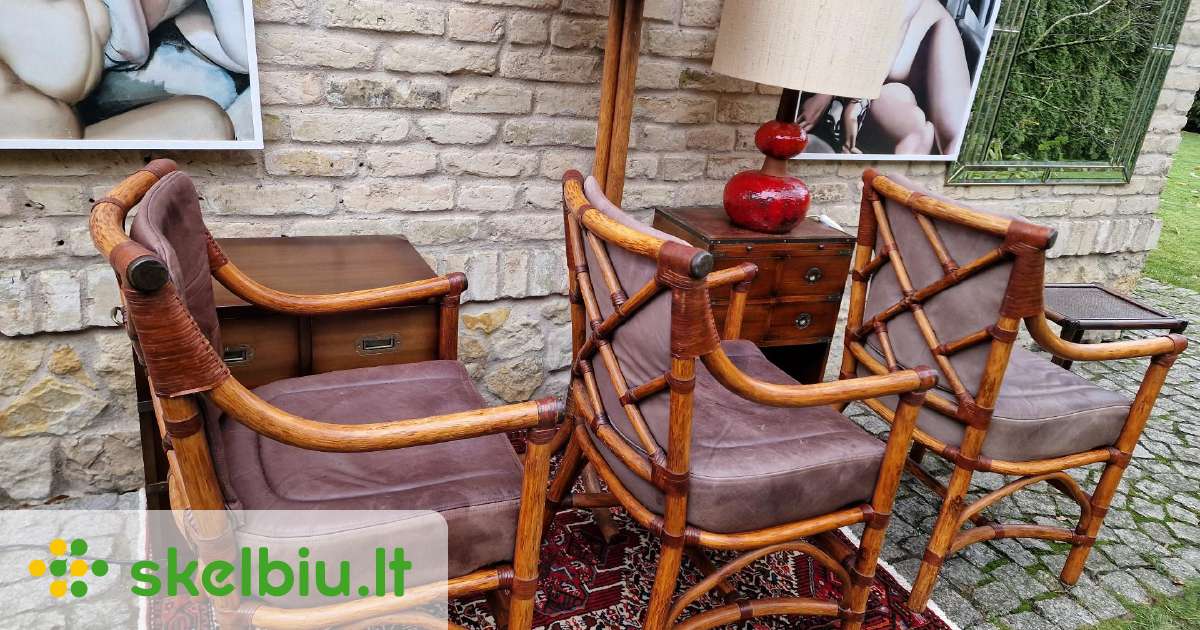 Vintažiniai mid century ratango/odos krėslai - Skelbiu.lt